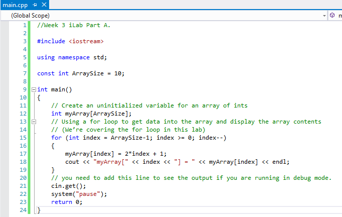 main.cpp" や (Global Scope) main 1//Week 3 iLab PartA | Chegg.com