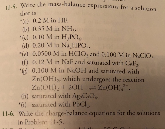 Solved Write the mass-balance expressions for a solution | Chegg.com