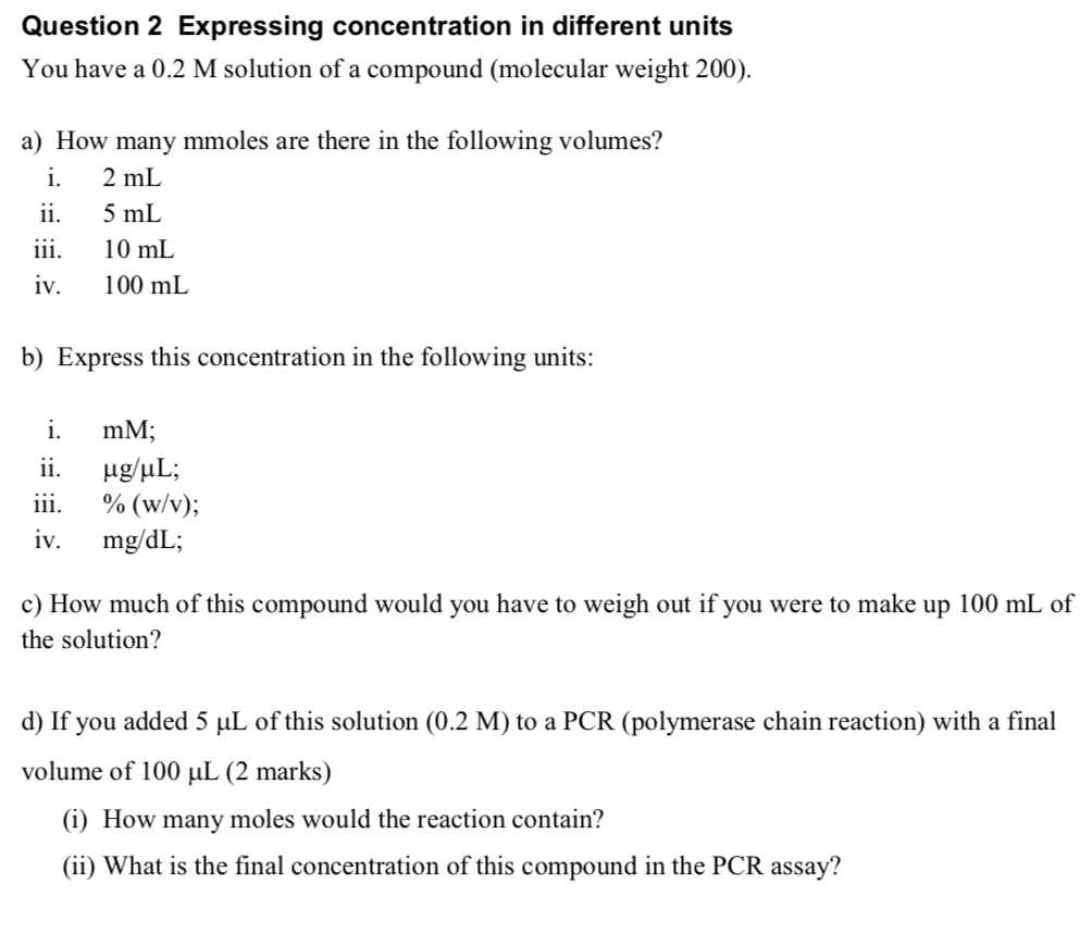 Solved Question 2 Expressing concentration in different | Chegg.com