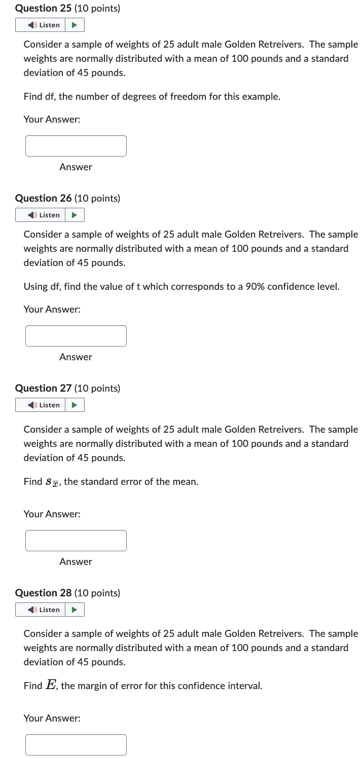 Solved Consider a sample of weights of 25 adult male Golden | Chegg.com