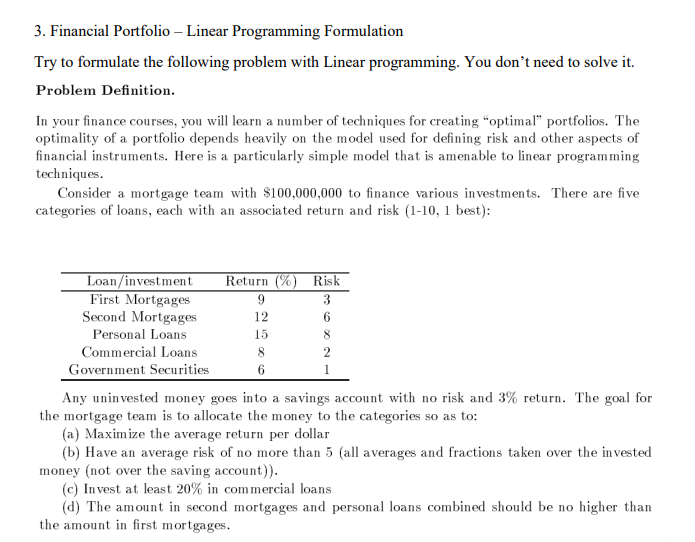 Solved 3. Financial Portfolio - Linear Programming | Chegg.com