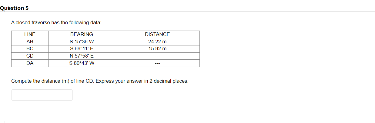Solved Question 5 A closed traverse has the following data: | Chegg.com