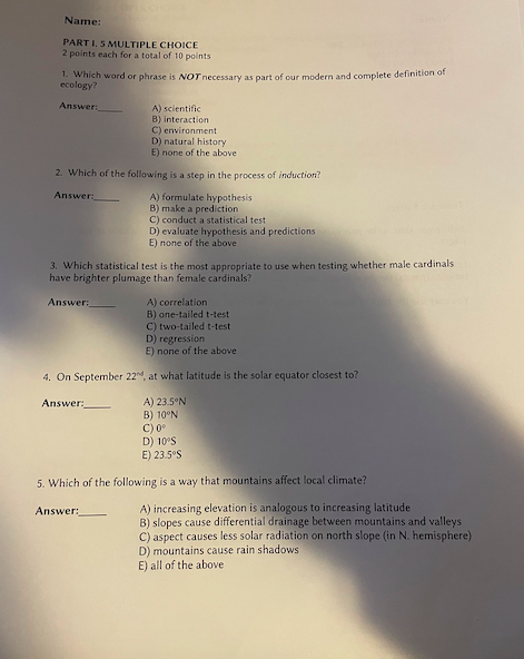 Solved Name: PARTI. 5 MULTIPLE CHOICE 2 points each for a | Chegg.com