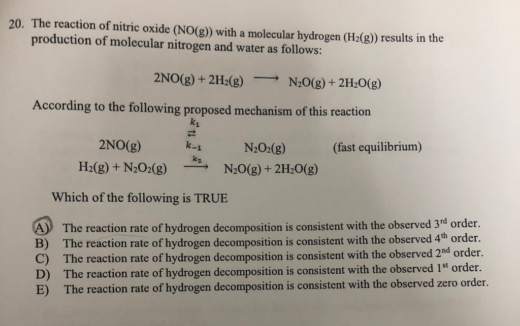 Solved 20. The reaction of nitric oxide (NO(g)) with a | Chegg.com