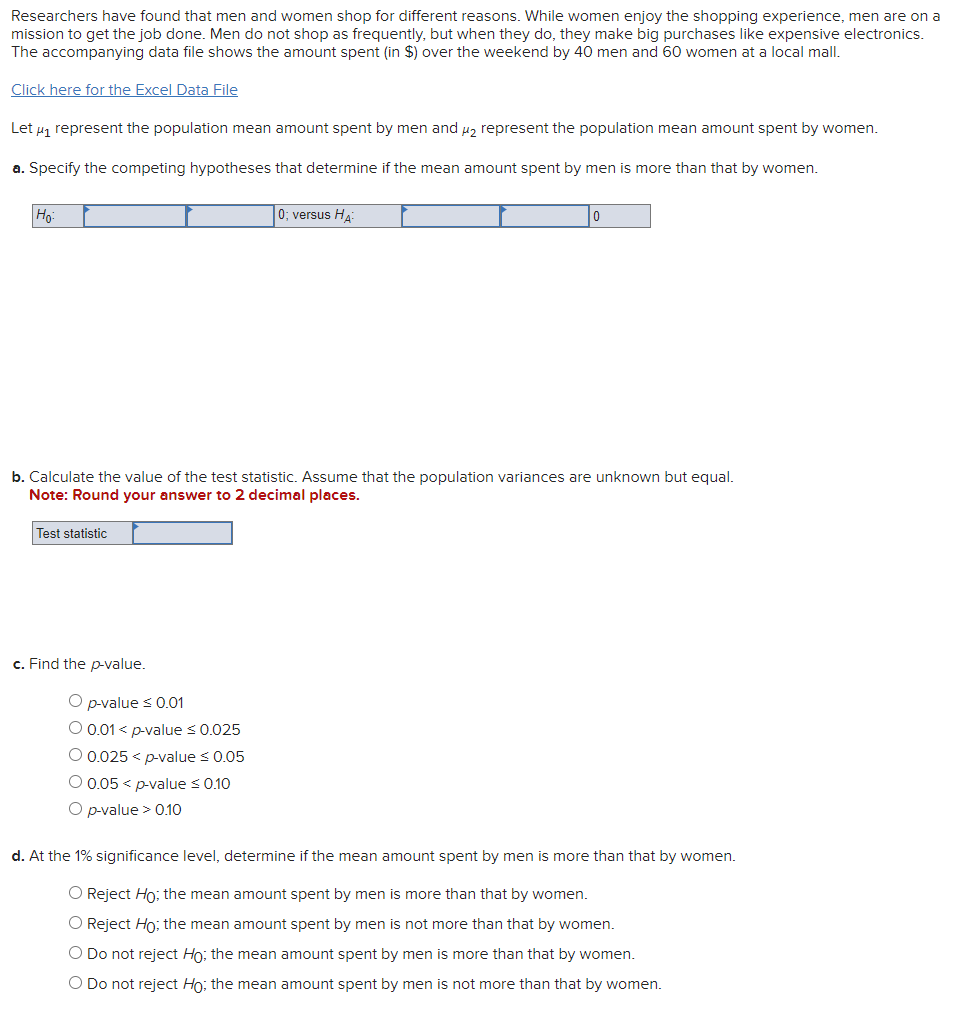 Solved Researchers have found that men and women shop for | Chegg.com