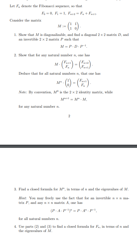 Solved Let F, denote the Fibonacci sequence, so that Fo = 0, | Chegg.com