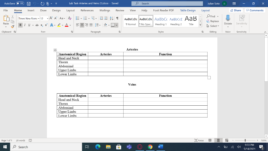Solved AutoSave on P om 2 Lab Task-Arteries and Veins | Chegg.com