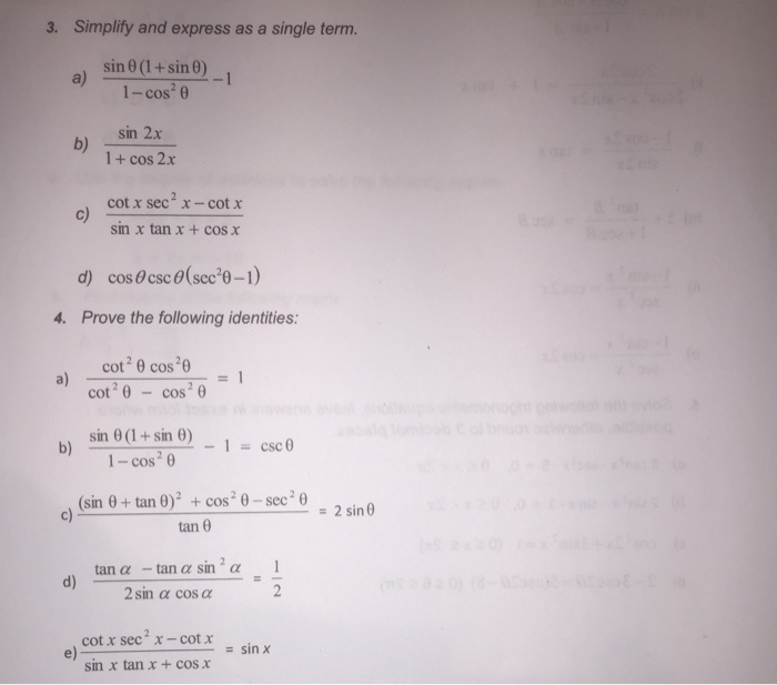 Solved 3. Simplitfy and express as a single term sin θ (1 + | Chegg.com