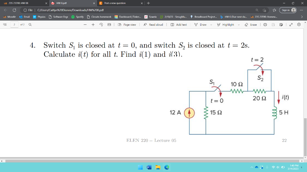 Solved Switch S1 is closed at t=0, and switch S2 is closed | Chegg.com