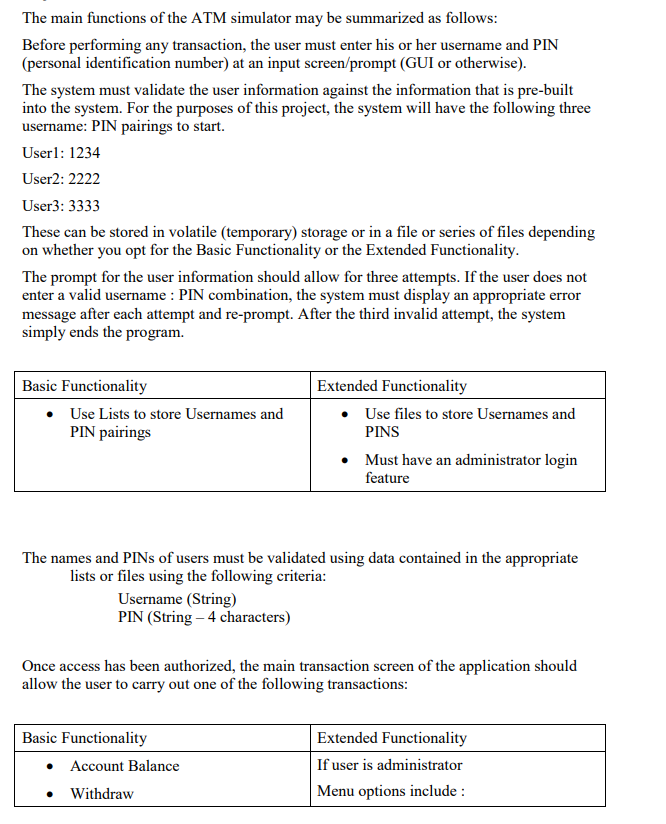 Solved The main functions of the ATM simulator may be | Chegg.com
