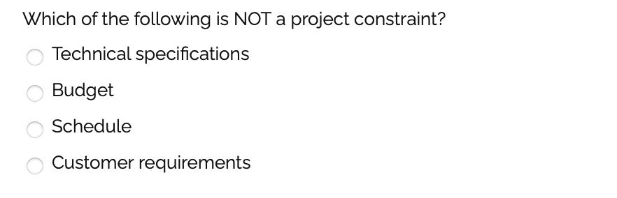 Solved Which of the following is NOT a project constraint? | Chegg.com