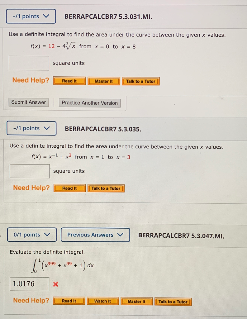 Solved 0/1 points v Previous Answers V BERRAPCALCBR7 5.1 | Chegg.com