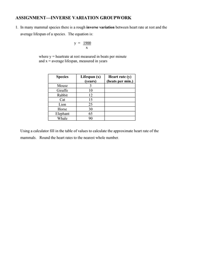 Solved ASSIGNMENT-INVERSE VARIATION GROUPWORK 1. In many | Chegg.com