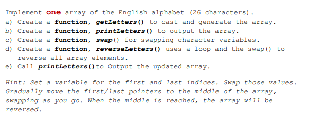 Solved Implement one array of the English alphabet (26 | Chegg.com