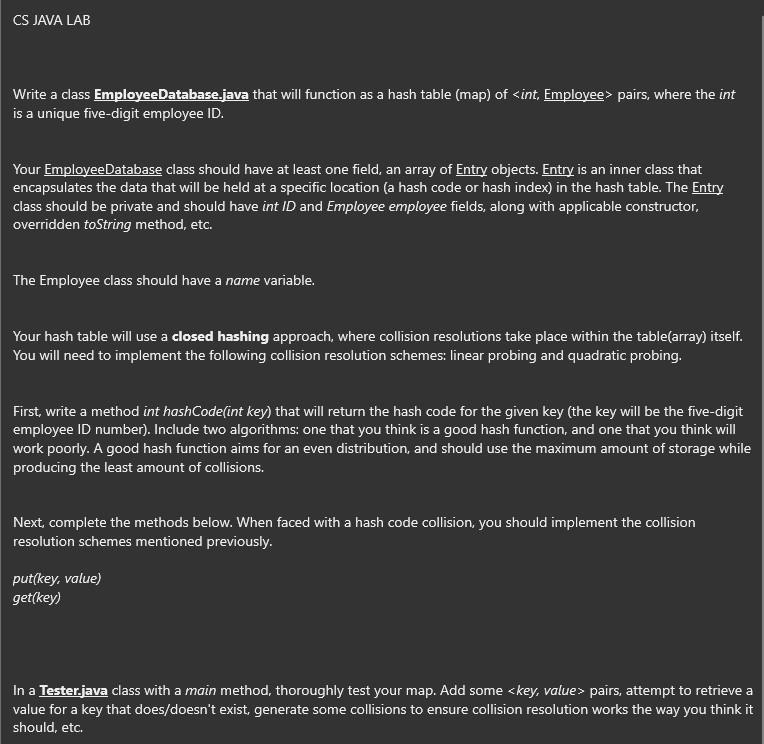 CS JAVA LAB Write a class EmployeeDatabase.java that | Chegg.com