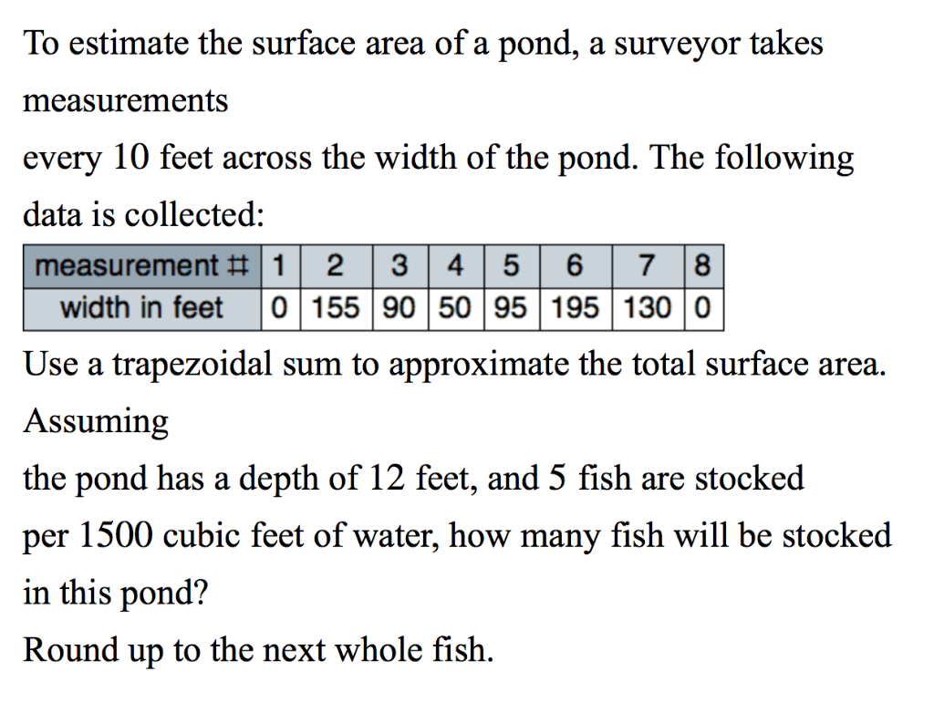 Solved To estimate the surface area of a pond, a surveyor | Chegg.com