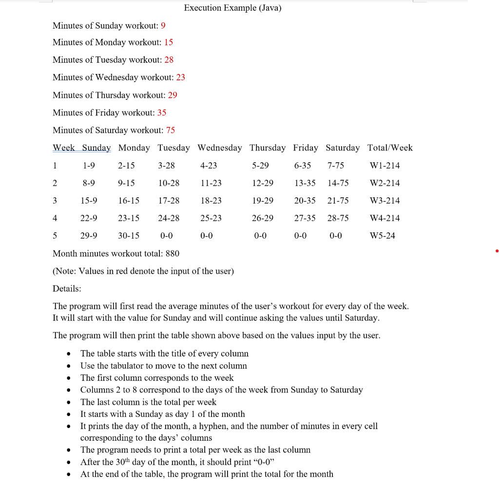 Solved Execution Example (Java) Minutes of Sunday workout: 9 | Chegg.com