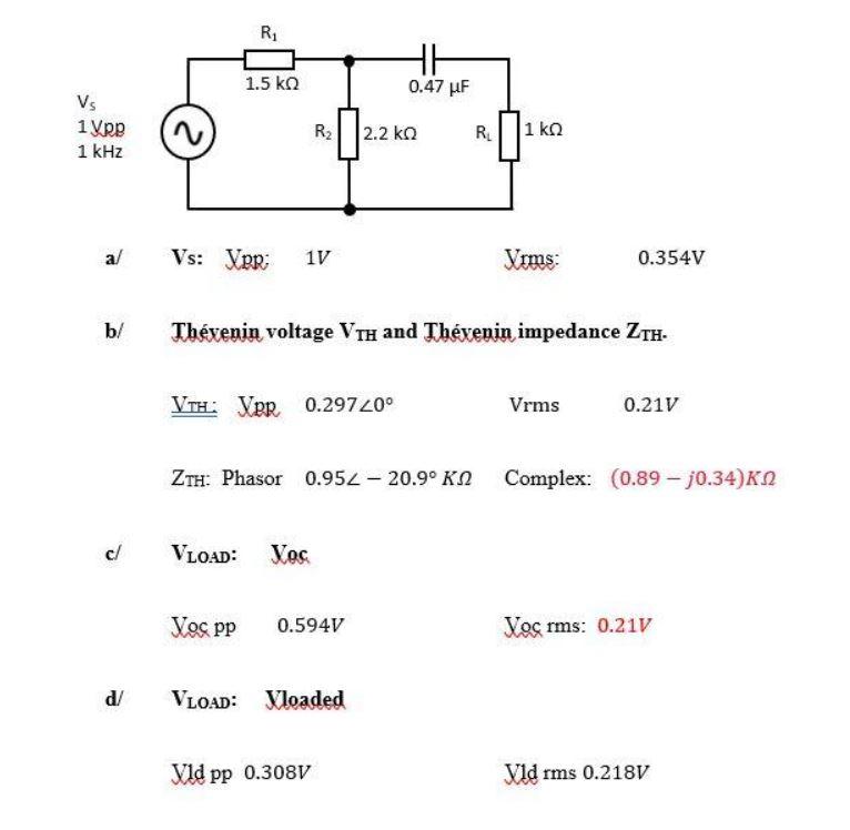 Solved a) Vs: lnp;1 V Yrms: 0.354 V b/ Théxenin voltage VTH | Chegg.com