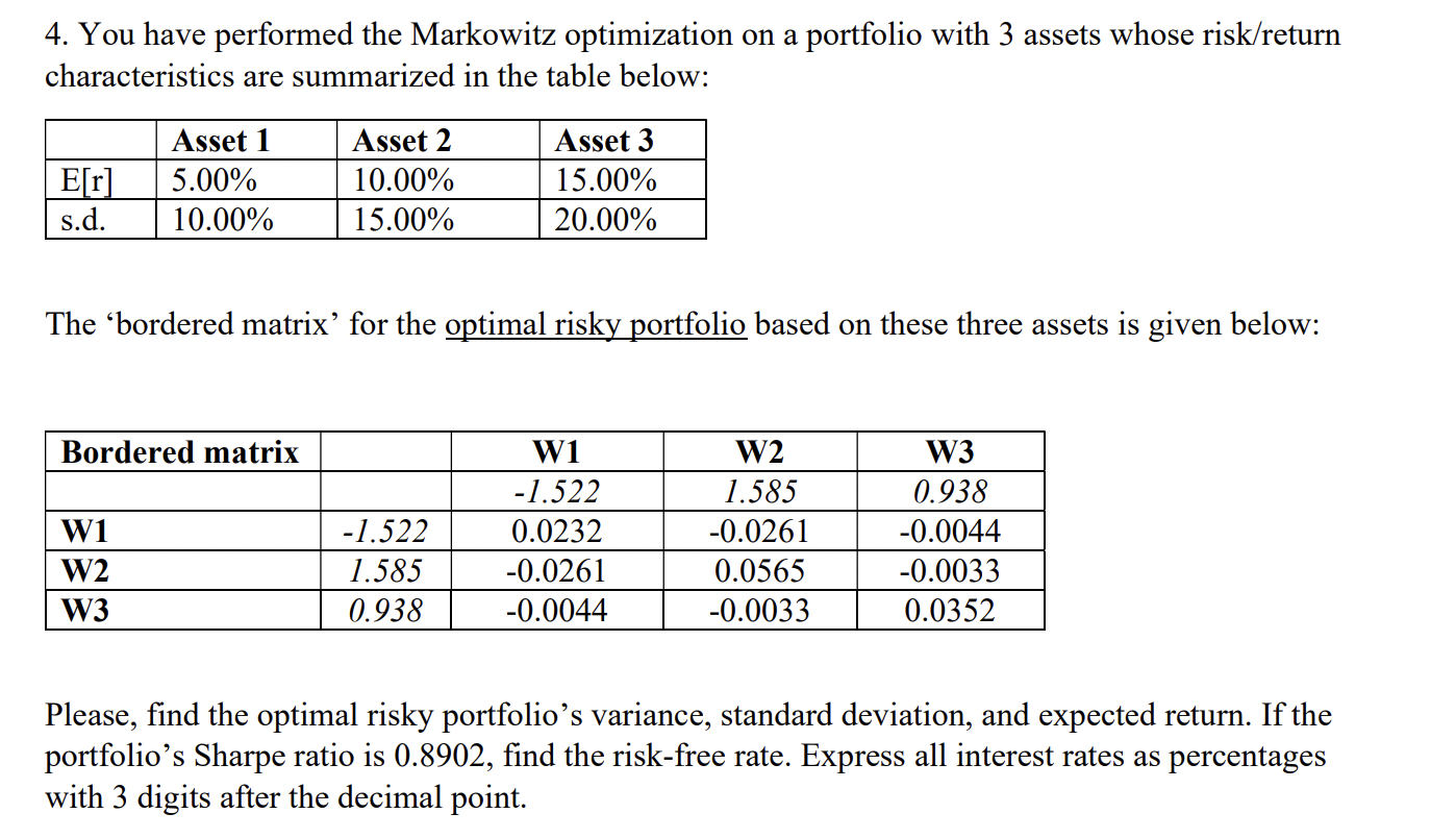 Solved 4. You have performed the Markowitz optimization on a | Chegg.com