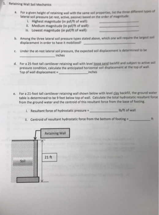 Solved 1. Retaining Wall Soil Mechanics a. For a given | Chegg.com