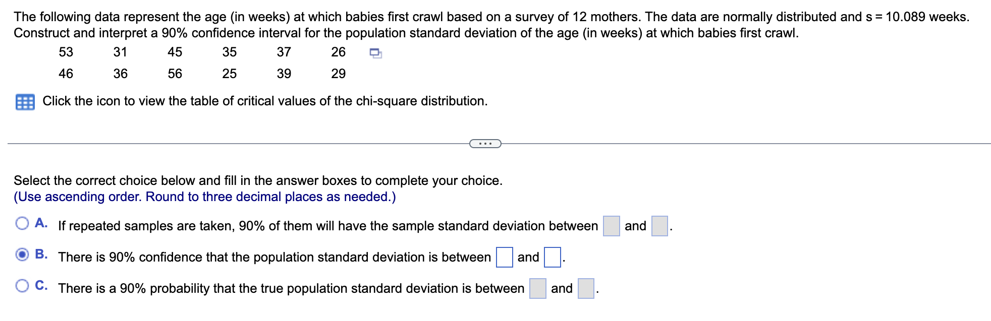 Solved The following data represent the age (in weeks) at | Chegg.com