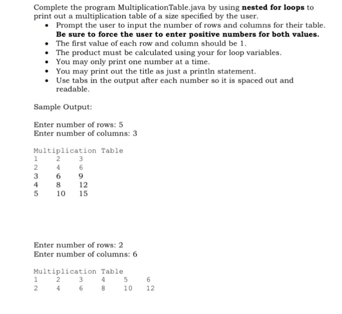 Solved Complete The Program Multiplicationtable Java By