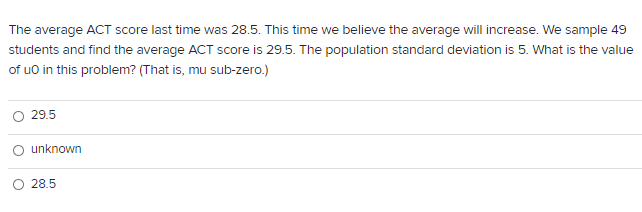 Solved The average ACT score last time was 28.5. This time | Chegg.com