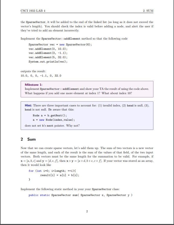 Sparse vectors A vector is a one-dimensional array of | Chegg.com