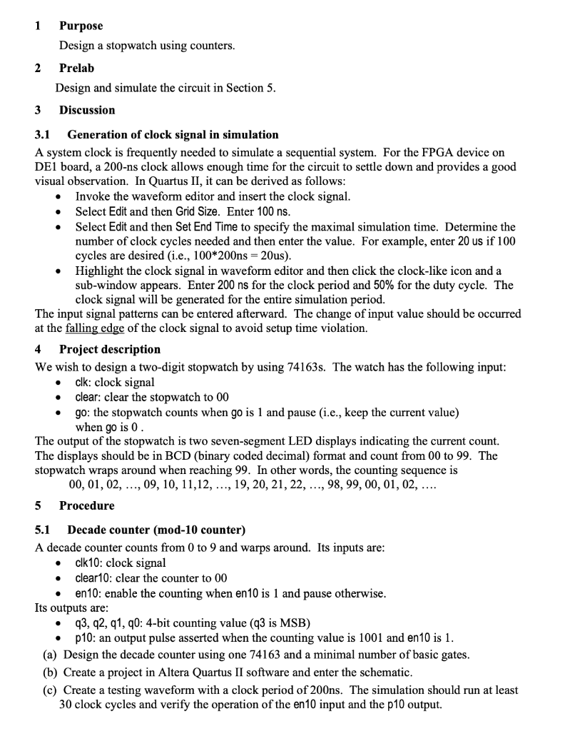 1 Purpose Design a stopwatch using counters. 2 Prelab | Chegg.com