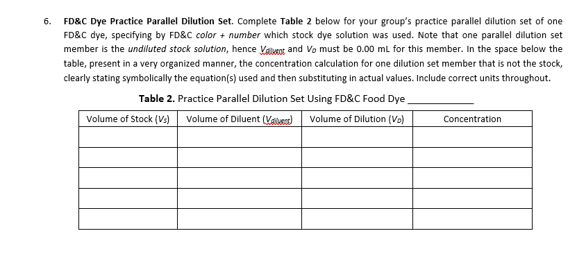 Solved . 6. FD&C Dye Practice Parallel Dilution Set. | Chegg.com
