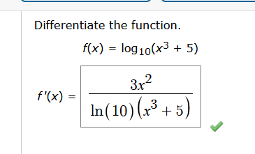 Solved Differentiate the function. f(x) = log10(x3 + 5) | Chegg.com