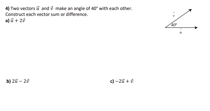 Solved 4) Two vectors u and v make an angle of 40∘ with each | Chegg.com