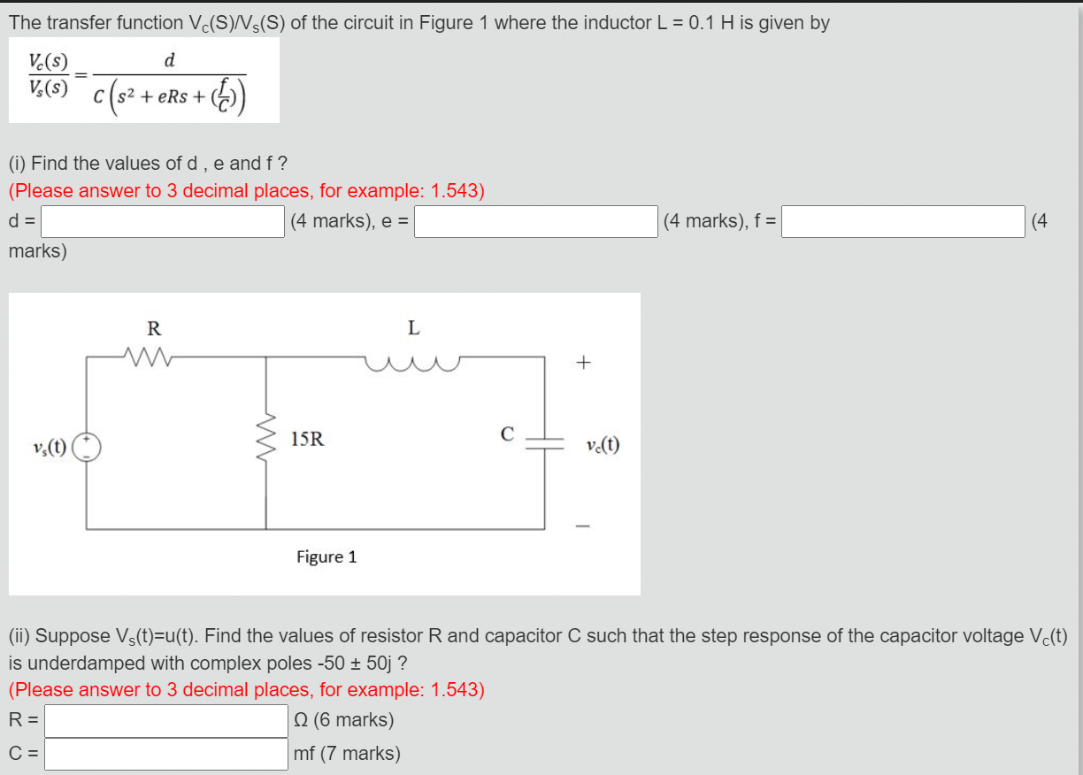 Solved The transfer function Vc(S)/VS(S) of the circuit in | Chegg.com