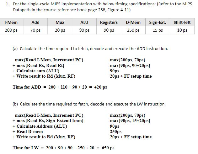 1. For the single-cycle MIPS implementation with | Chegg.com