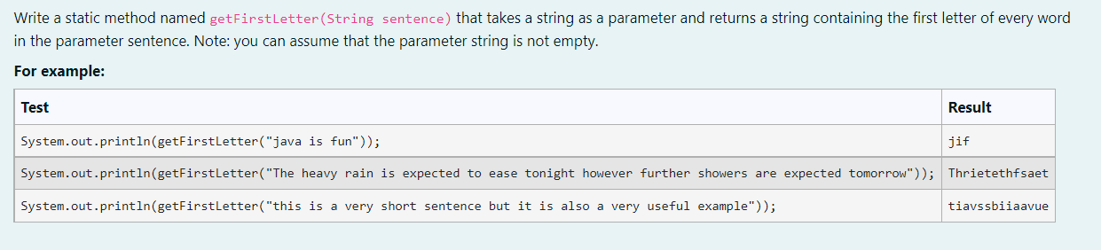 Solved Write a static method named getFirstLetter(String | Chegg.com