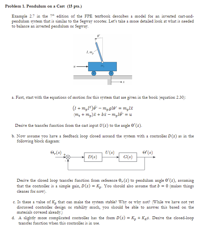 Problem 1. Pendulum on a Cart (15 pts.) Example 2.7 | Chegg.com