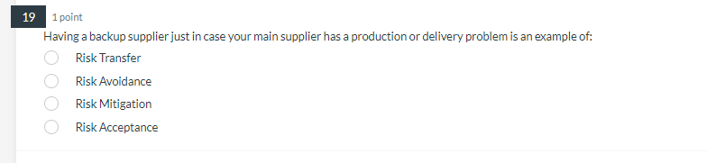 Solved 19 1 point Having a backup supplier just in case your | Chegg.com