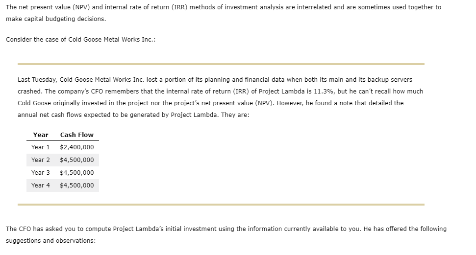 Solved The net present value (NPV) and internal rate of | Chegg.com