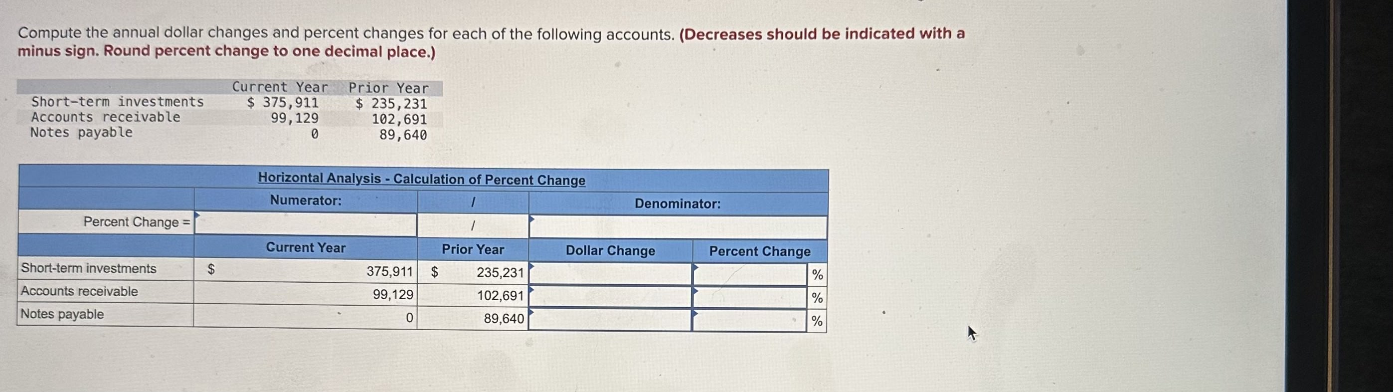 Solved Compute the annual dollar changes and percent changes | Chegg.com