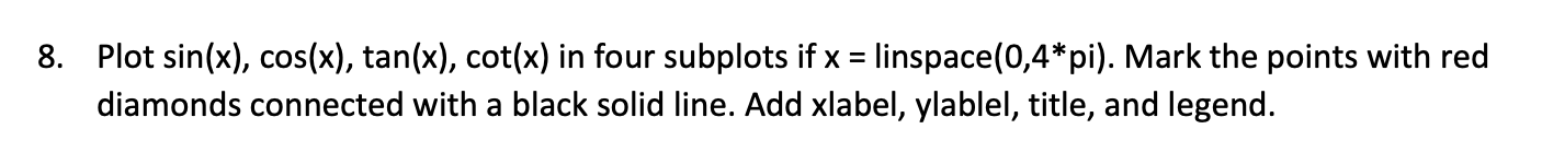 Solved 8. Plot sin(x),cos(x),tan(x),cot(x) in four subplots | Chegg.com