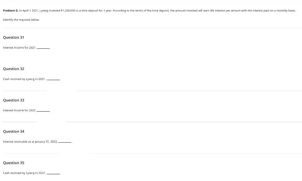 Solved Problem D. In April 1 2021, Lyserg invested | Chegg.com