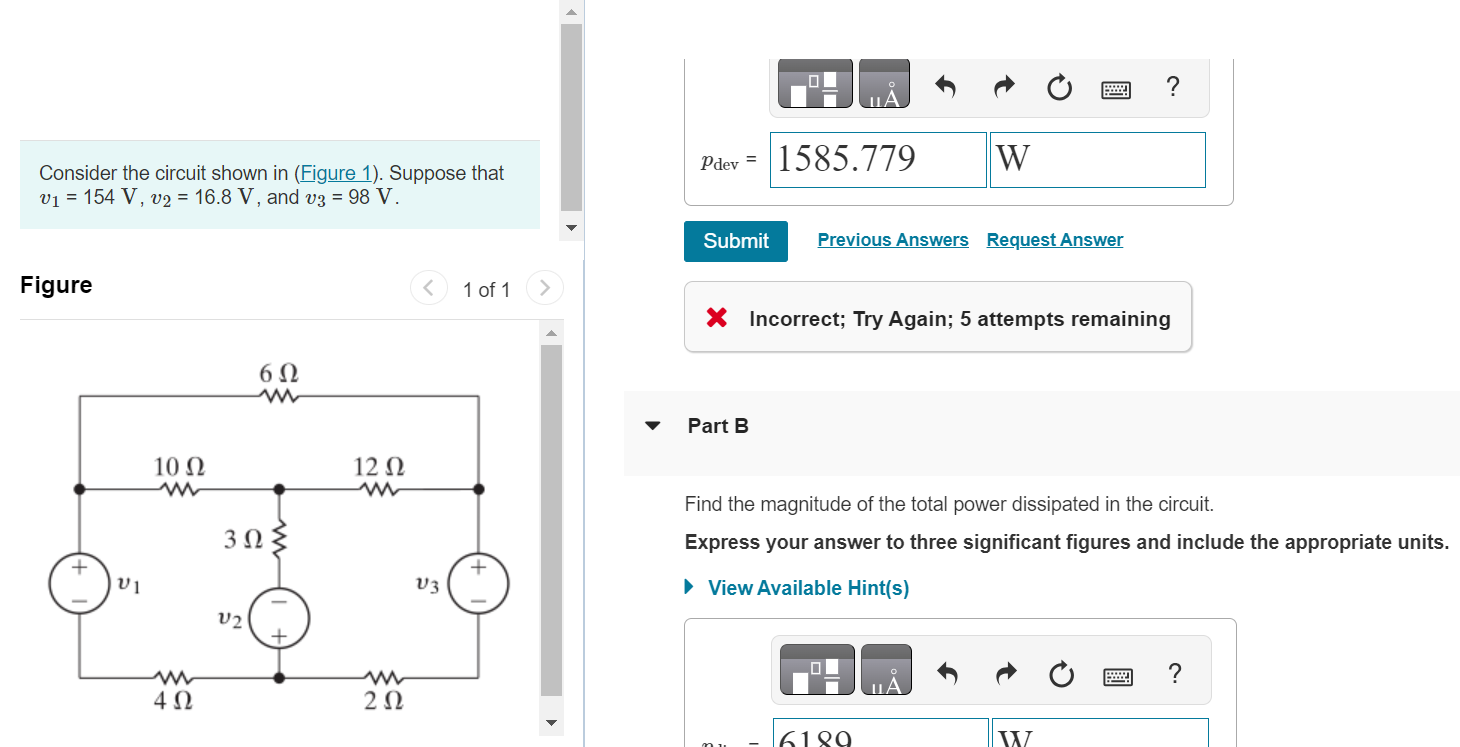 Solved Consider the circuit shown in v1=154 V,v2=16.8 V, and | Chegg.com