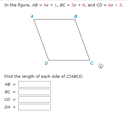 Solved In the figure, AB = 4x + 1, BC = 3x + 6, and CD = 6x | Chegg.com