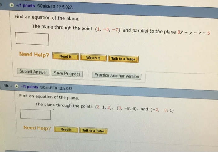 Solved . -1 points SCalcET8 12.5.027 Find an equation of the | Chegg.com