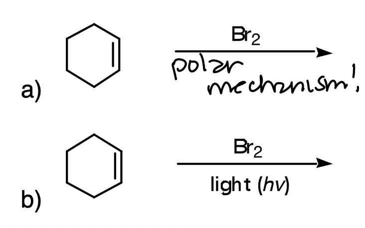 Solved Br2 polar a) mechanism! Br2 light (hv) b) | Chegg.com