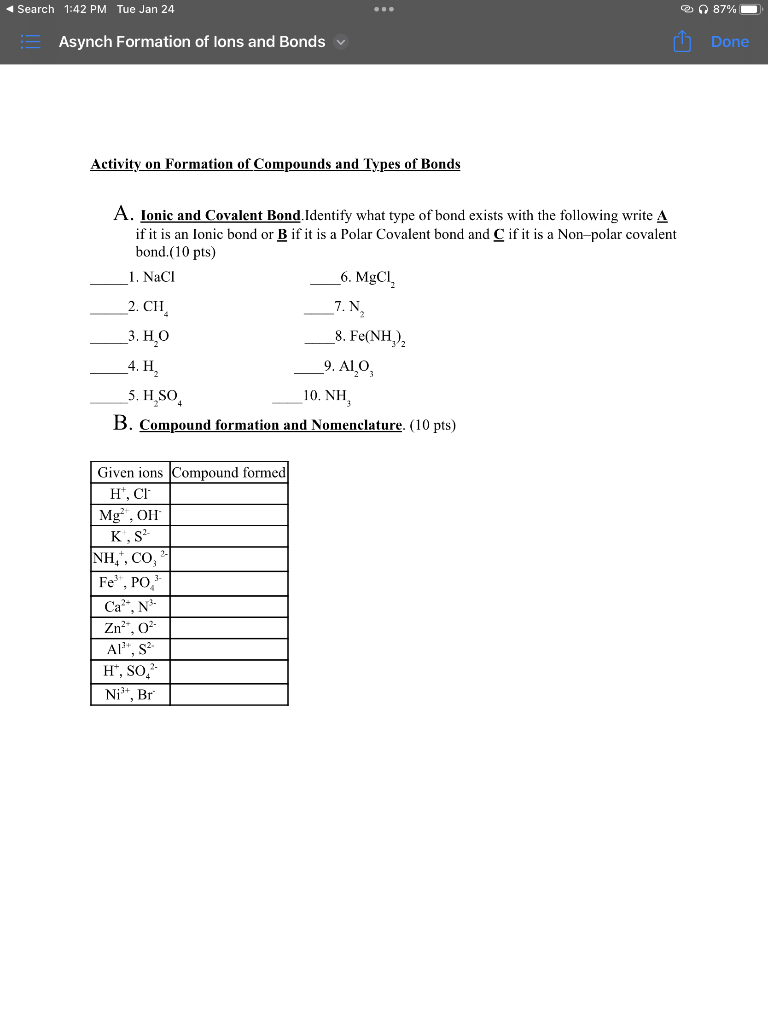 Solved A. Ionic and Covalent Bond. Identify what type of | Chegg.com