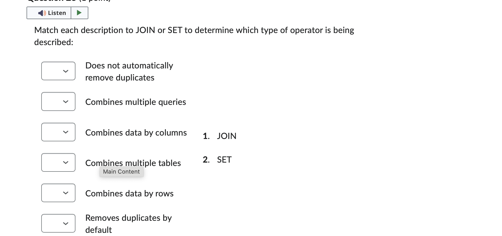 Solved Match each description to JOIN or SET to determine | Chegg.com