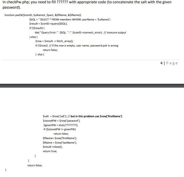 Solved Part 1 For checkPw.php Fill in the ?????? Part | Chegg.com