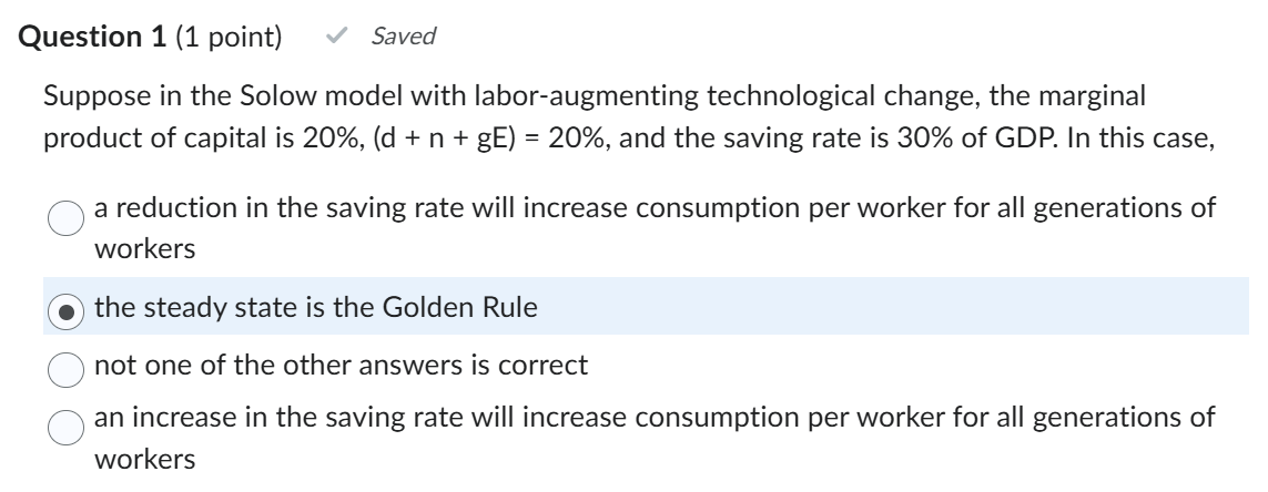 Solved Question 1 (1 ﻿point)Suppose in the Solow model with | Chegg.com