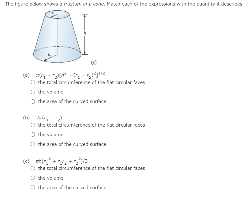 Solved The figure below shows a frustum of a cone. Match | Chegg.com